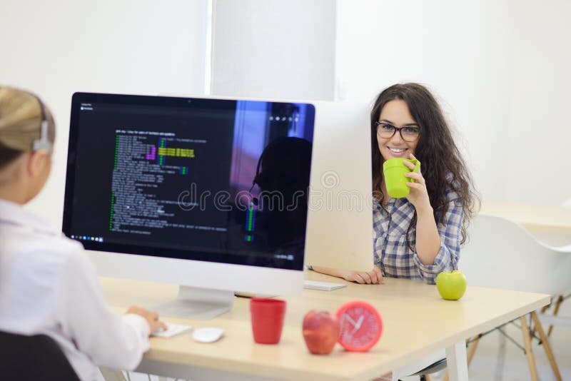 Young Businesswoman on a Coffee Break. Using Computer. Stock Photo ...
