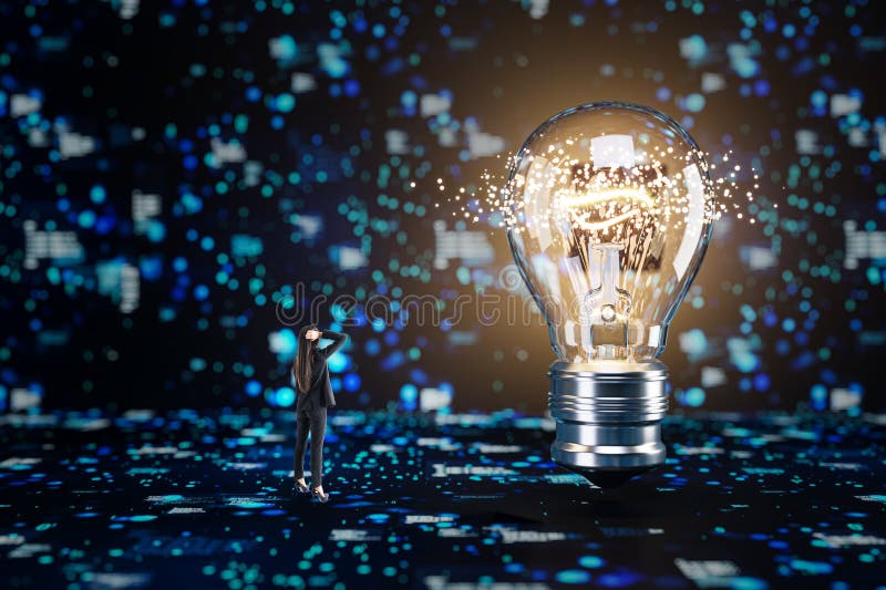 Young Businesswoman with Creative Glowing Light Bulb on Bright Tech ...