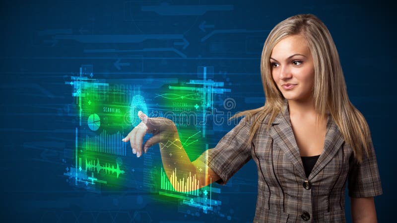 Young Businesswoman Pressing Modern Technology Panel with Finger Stock ...