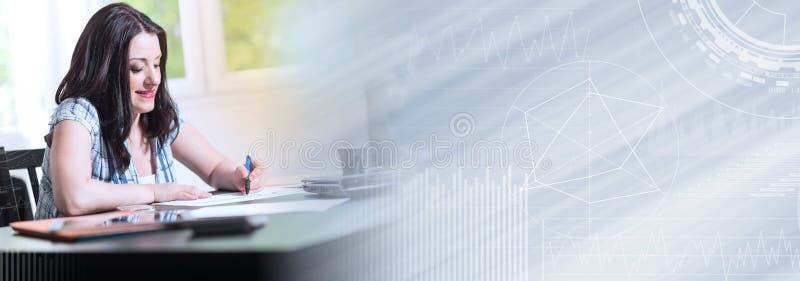 Young Businesswoman Working on Documents, Light Effect; Panorami Stock ...