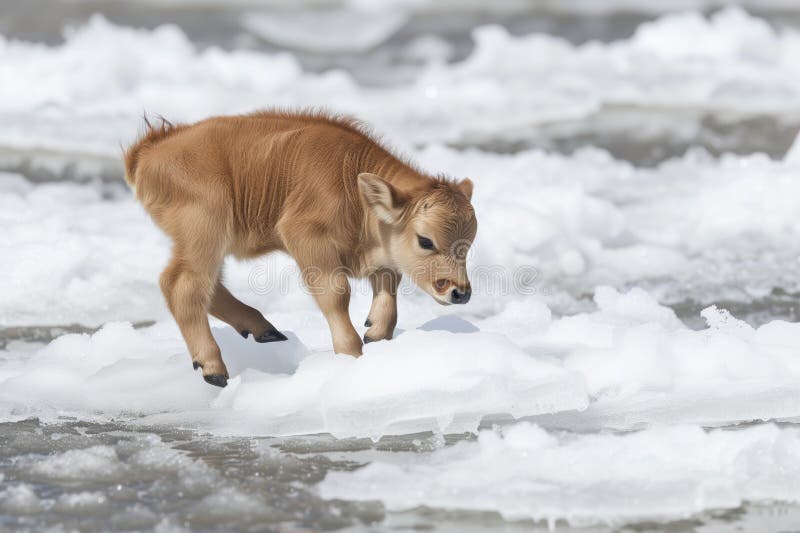 Young Calf Tentatively Stepping on Ice Patch Stock Photo - Image of ...