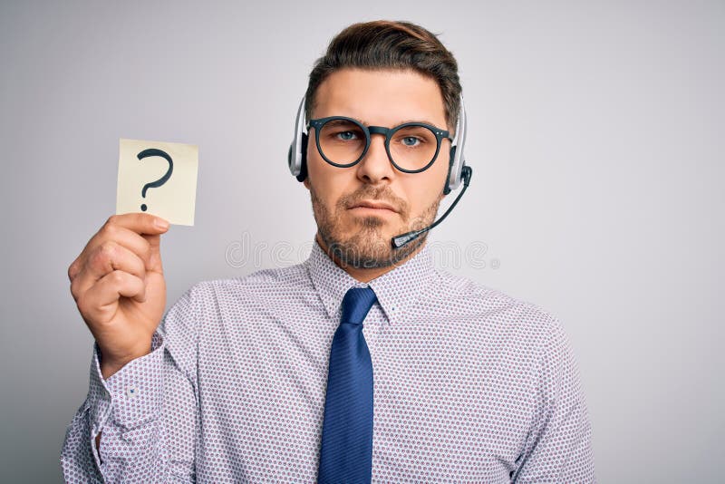 Young Call Center Operator Business Man with Blue Eyes Holding Paper ...