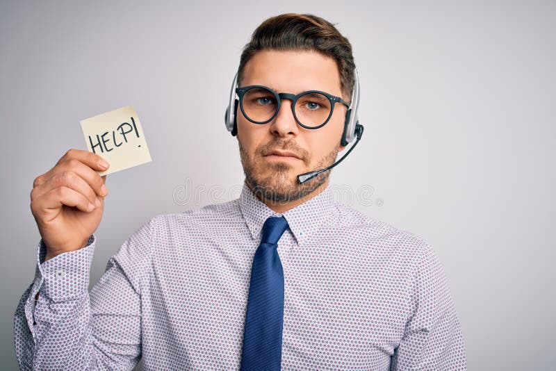 Young Call Center Operator Business Man with Blue Eyes Offering Support ...