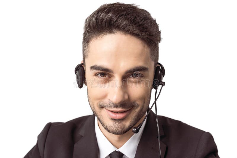 Young Call Center Operator in Headset Looking at Camera Isolated on ...