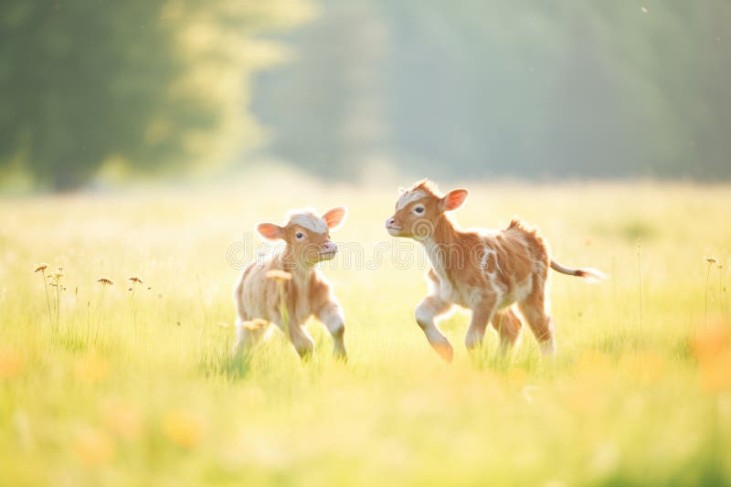 Young Calves Playing in a Sunny Meadow Stock Photo - Image of calves ...