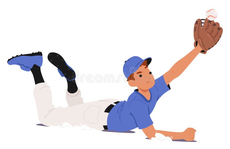 Young Cartoon Baseball Player Making a Dramatic Catch while Sliding on ...