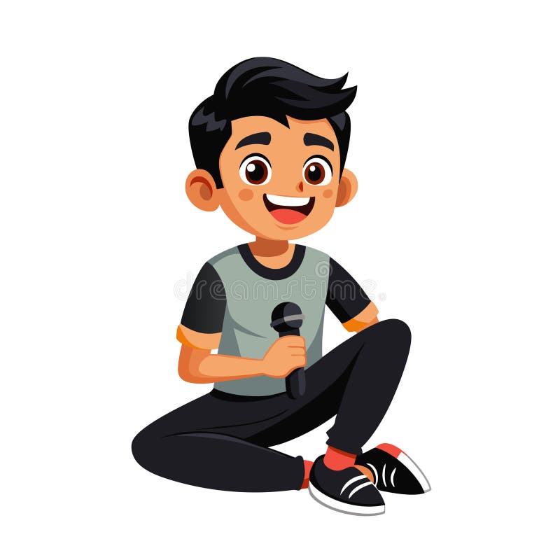 Cartoon Boy Sitting Down Holding a Microphone, Vector Illustration ...