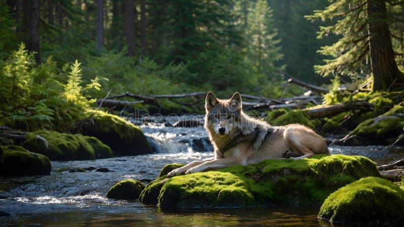 Moment of Calm: Young Cascade Mountain Wolf Resting by a Tranquil ...