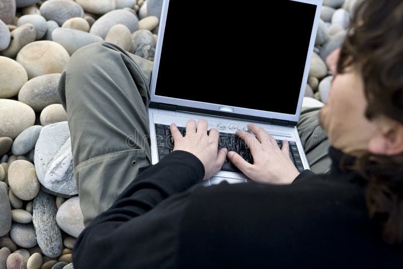 Happy Man with Computer in the Field Stock Image - Image of laptop ...