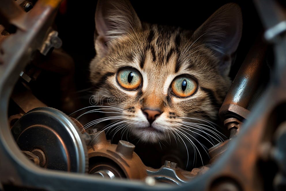 Tabby Cat Hiding in Car Engine Stock Illustration - Illustration of ...