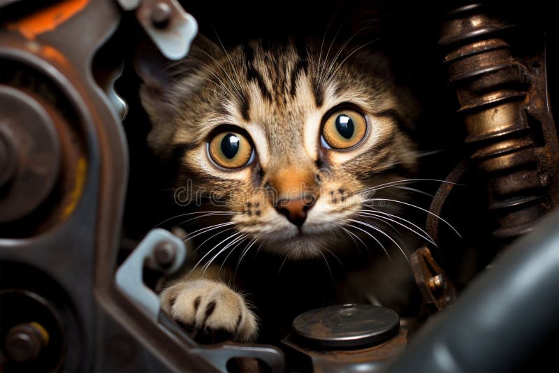 Young Cat Hiding in Car Engine Stock Illustration - Illustration of ...