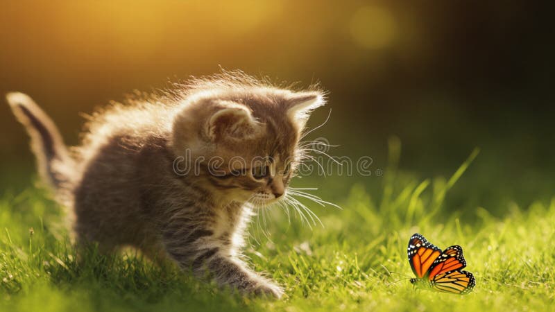 Young Cat Hunting Butterfly on a Meadow Backlit. Stock Illustration ...