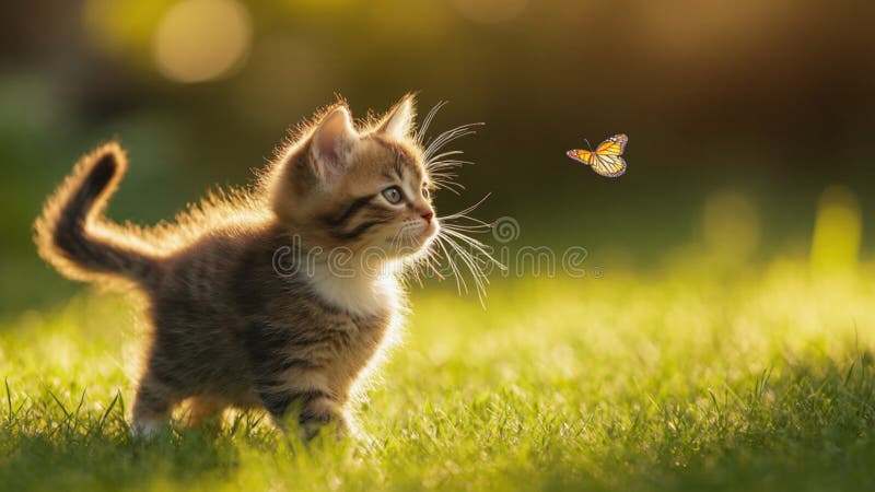 Young Cat Hunting Butterfly on a Meadow Backlit. Stock Illustration ...