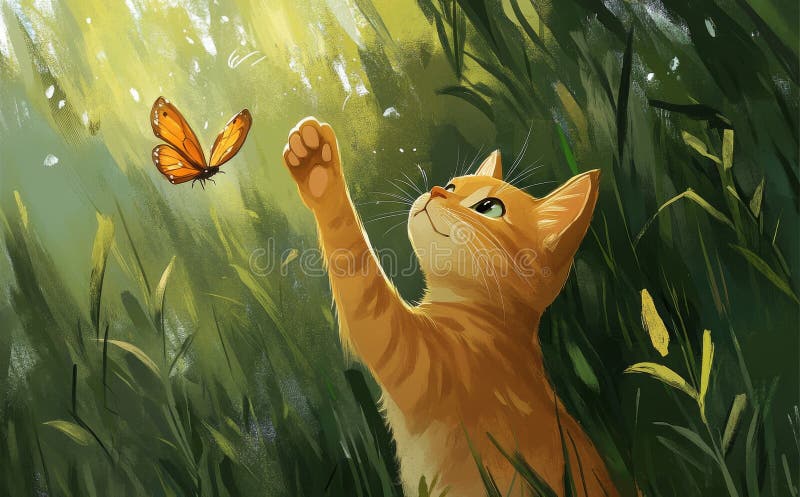 A Young Cat / Kitten Chasing a Butterfly with Backlighting Stock Photo ...