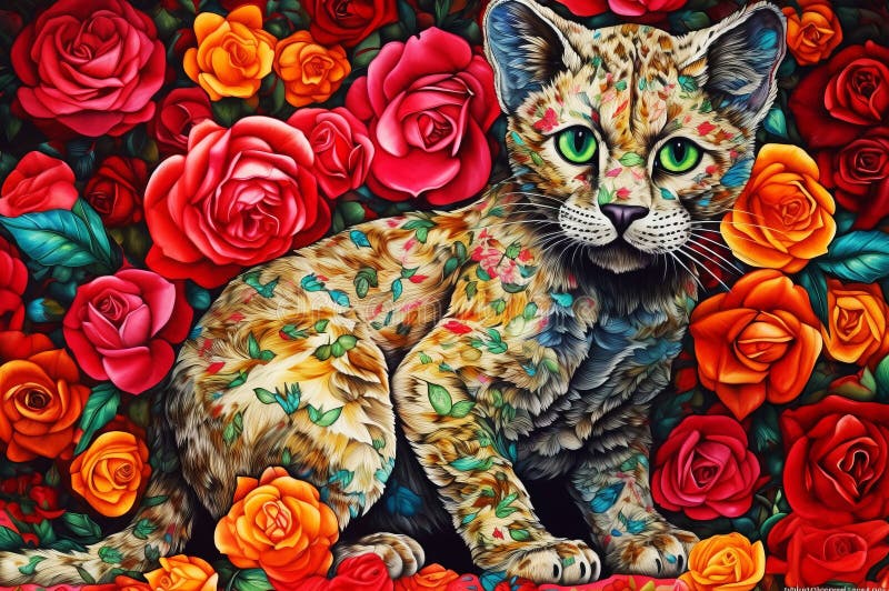 Young Cat among Red Roses in Psychedelic Style Stock Image - Image of ...