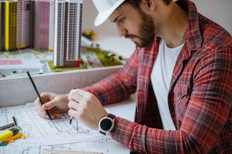 Young Caucasian Architect Man Work in Office Stock Photo - Image of ...