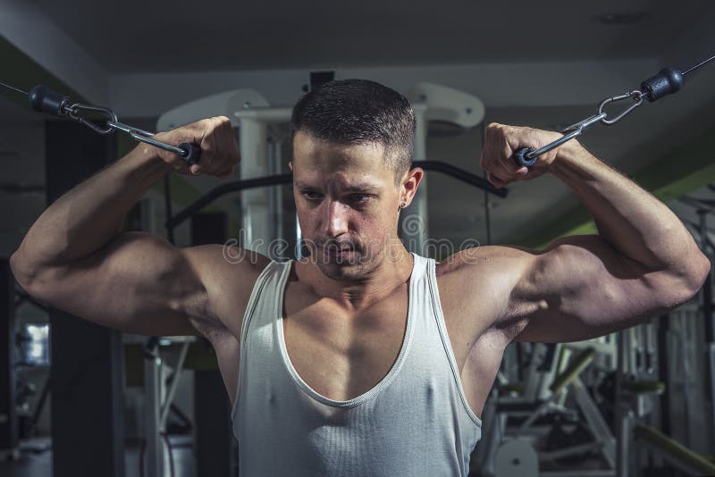 Man Doing Cable Fly Exercise in Gym Stock Image - Image of male ...
