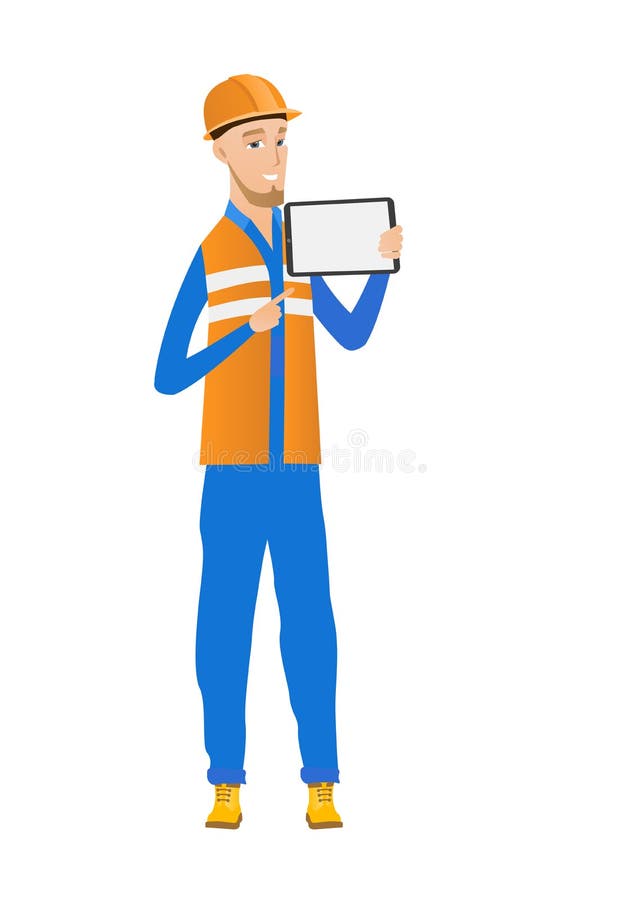Young Caucasian Builder Holding Tablet Computer. Stock Vector ...
