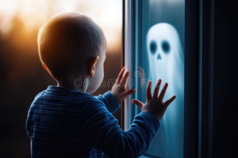 Young Caucasian Child Encounters Friendly Ghost Reflection at Sunset ...