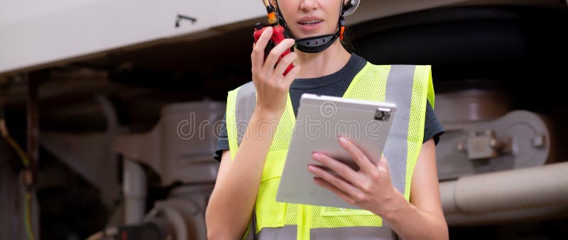 Young Caucasian Engineer Woman Using Radio for Command with Worker ...