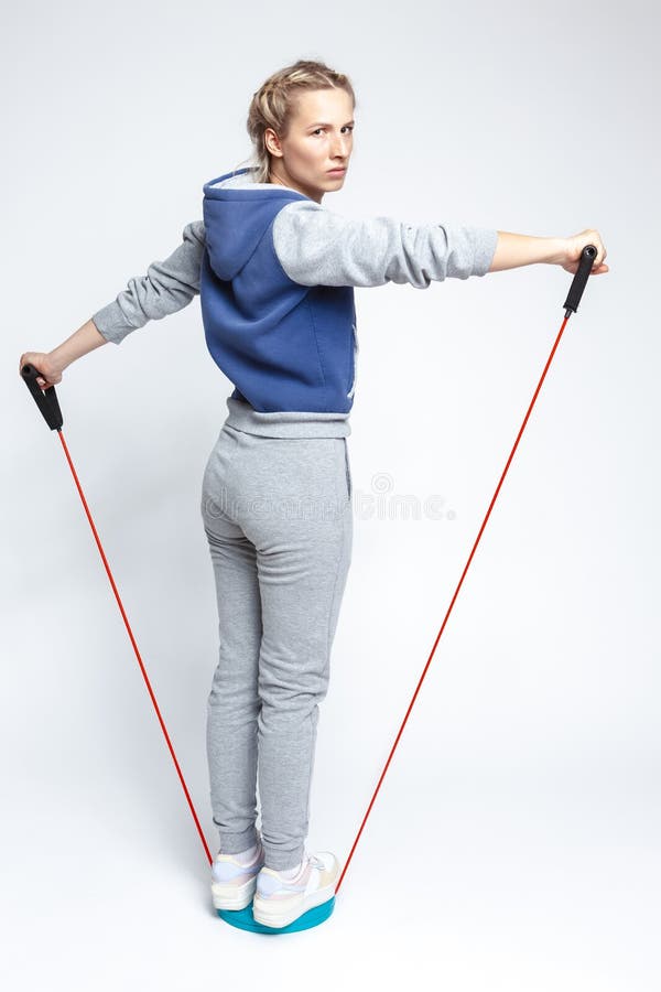 Young Caucasian Female Athlete Posing Turned on Body Spinner and ...