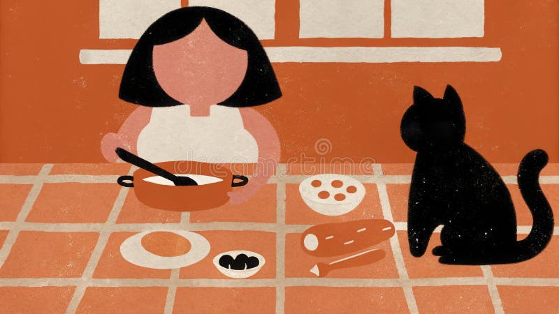 Young Caucasian Female Cooking with Cat in Retro Kitchen Setting Stock ...