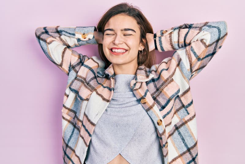 Young Caucasian Girl Wearing Casual Clothes Relaxing And Stretching