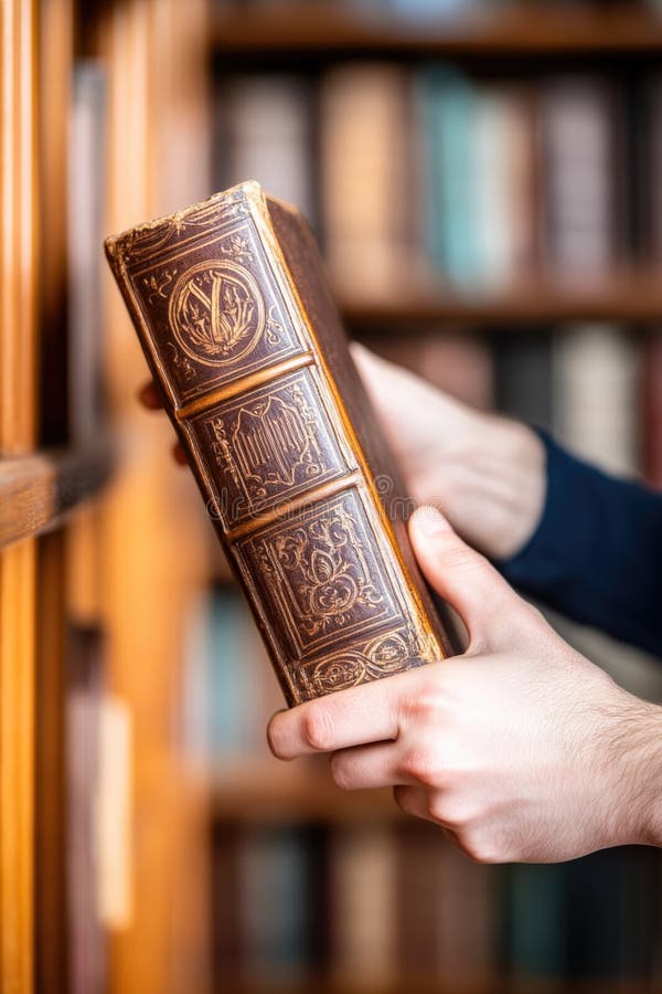 Young Caucasian Male Selecting Antique Book from Library Shelf Stock ...