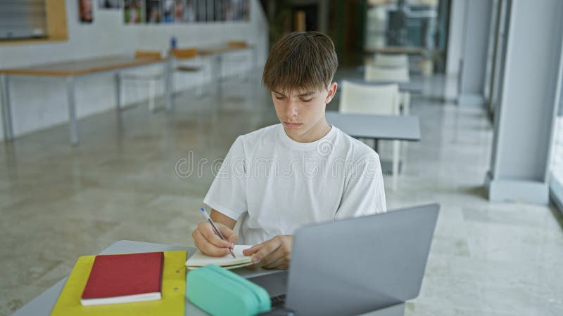 Young Caucasian Male Student Focused on Writing in Notebook at Table ...