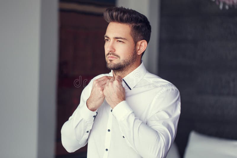 Young Caucasian Man Dressing Put on Shirt Stock Image - Image of rich ...