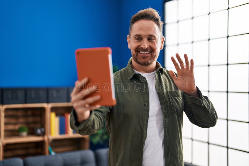Young Caucasian Man Having Video Call Standing at Home Stock Image ...