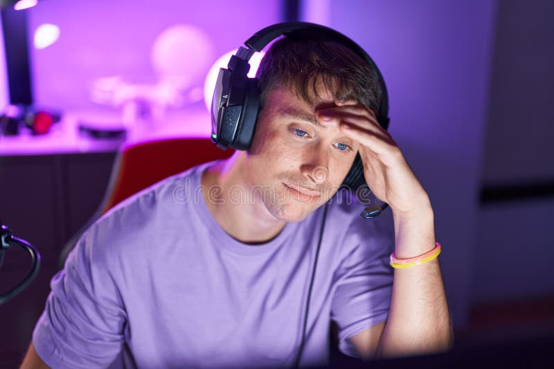 Young Caucasian Man Streamer Stressed Using Computer at Gaming Room ...