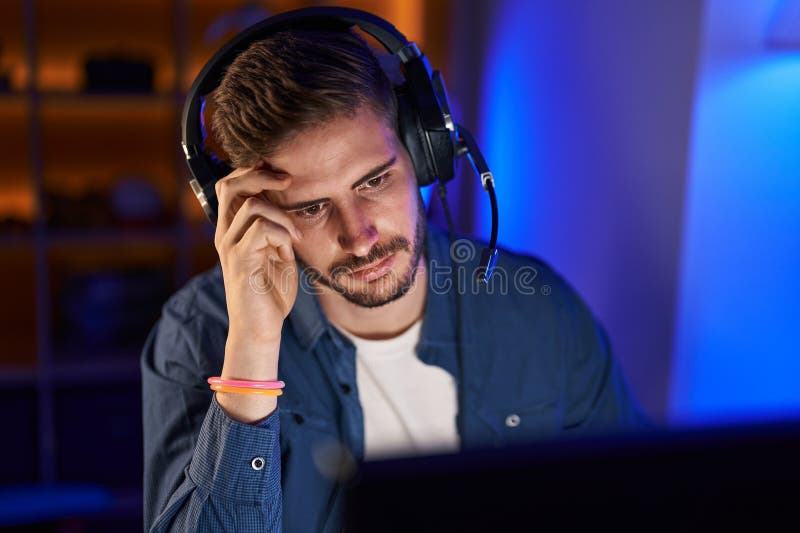 Young Caucasian Man Streamer Stressed Using Computer at Gaming Room ...