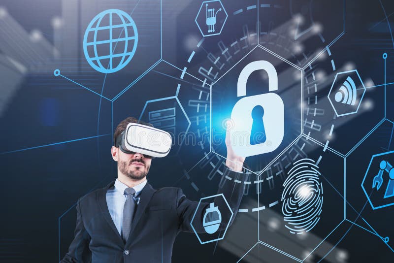 Man in VR Glasses Using Online Security Interface Stock Photo - Image ...