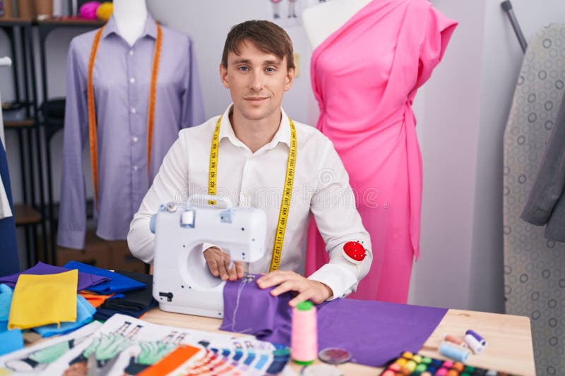 Young Caucasian Man Tailor Smiling Confident Using Sewing Machine at ...