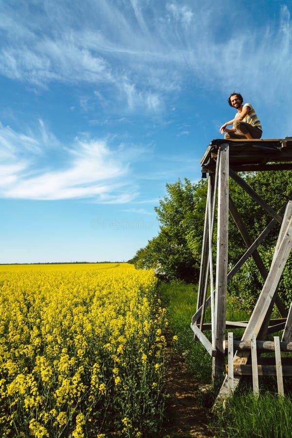 Young Caucasian Man Taking a Break on a High Stand Stock Image - Image ...