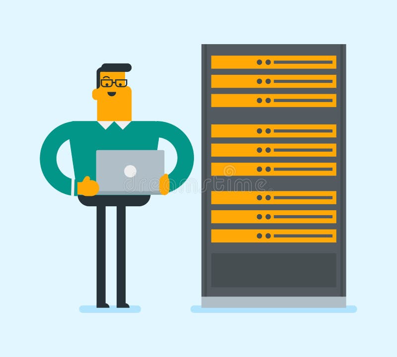 Engineer Working on Laptop in Network Server Room. Stock Vector ...