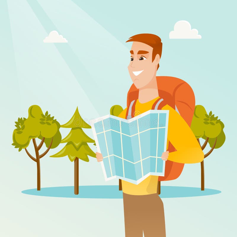 Young Caucasian Traveler Man Looking at Map. Stock Vector ...