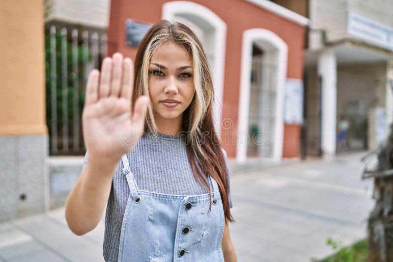 Young Caucasian Woman Outdoors Doing Stop Sing with Palm of the Hand ...