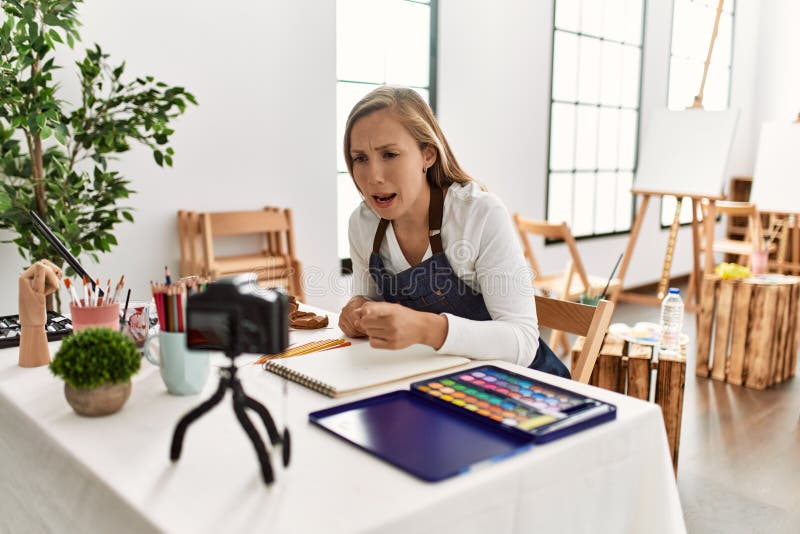 Young Caucasian Woman Recording Drawing Tutorial at Art Studio Stock ...