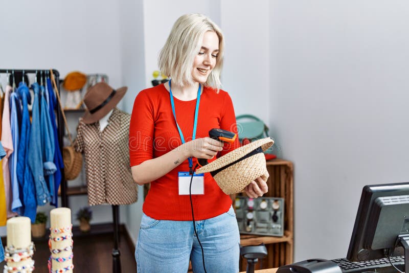 Young Caucasian Woman Smiling Confident Using Barcode Reader Device at ...