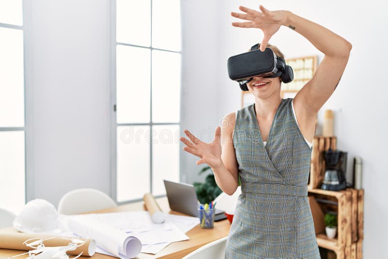 Young Caucasian Woman Smiling Confident Using Vr Goggles Working at ...