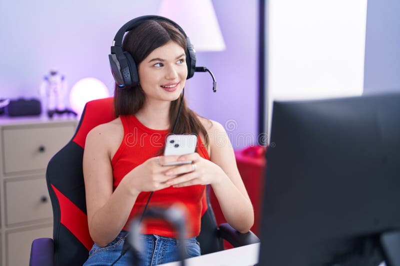 Young Caucasian Woman Streamer Using Computer and Smartphone at Gaming Room Stock Photo - Image ...
