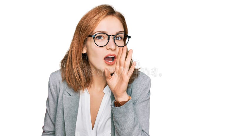 Young Caucasian Woman Wearing Business Style and Glasses Hand on Mouth ... Young Caucasian Woman Wearing Business Style and Glasses Hand on Mouth ...