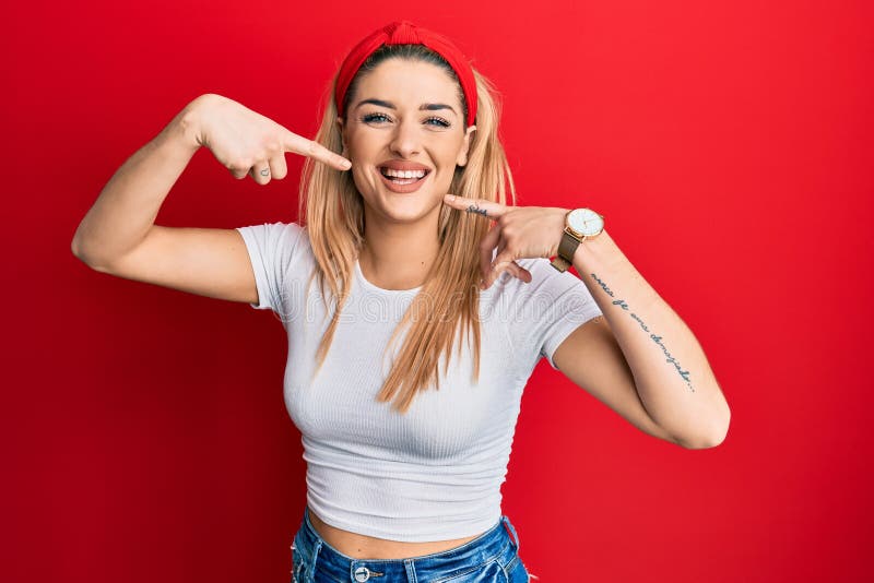 Young Caucasian Woman Wearing Casual White T Shirt Smiling Cheerful