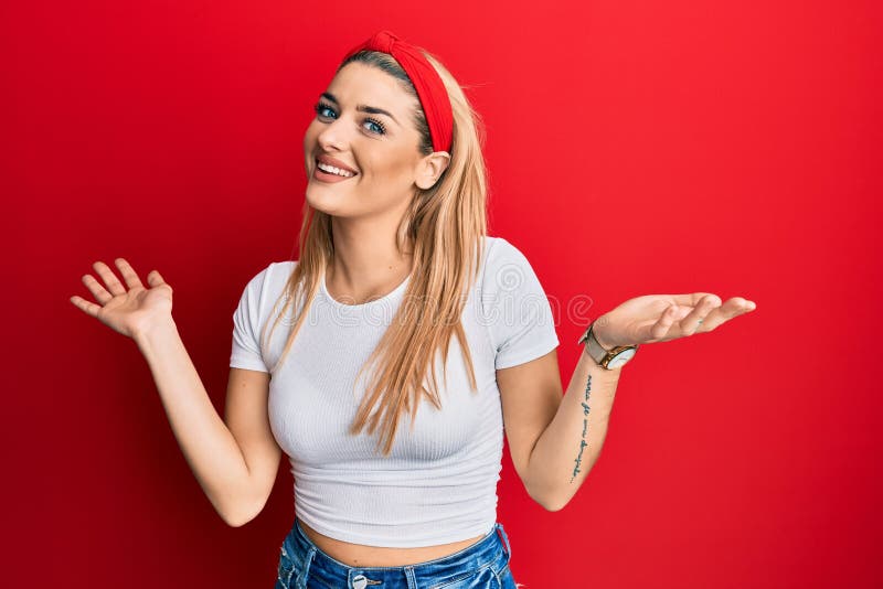 Young Caucasian Woman Wearing Casual White T Shirt Smiling Showing Both