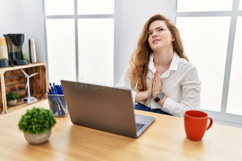 Young Caucasian Woman Working at the Office Using Computer Laptop ...