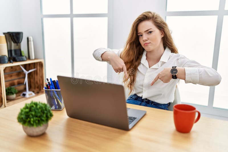 Young Caucasian Woman Working at the Office Using Computer Laptop ...
