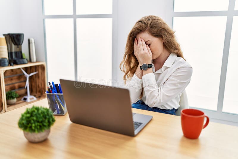 Young Caucasian Woman Working at the Office Using Computer Laptop with ...