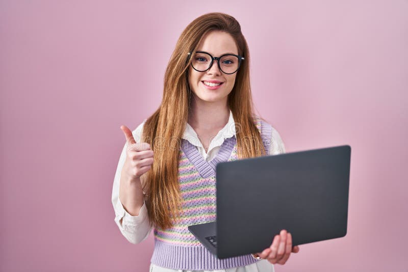 Young Caucasian Woman Working Using Computer Laptop Doing Happy Thumbs ...